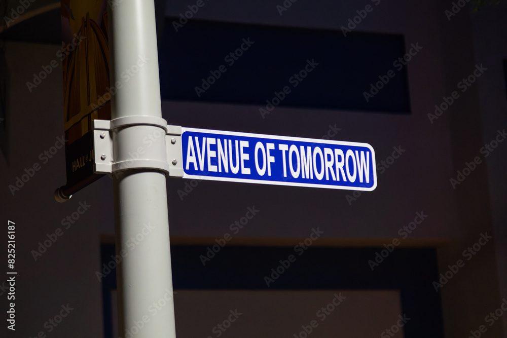 Abu Dhabi, UAE - April 24, 2024: The Avenue of Tomorrow sign at Warner ...