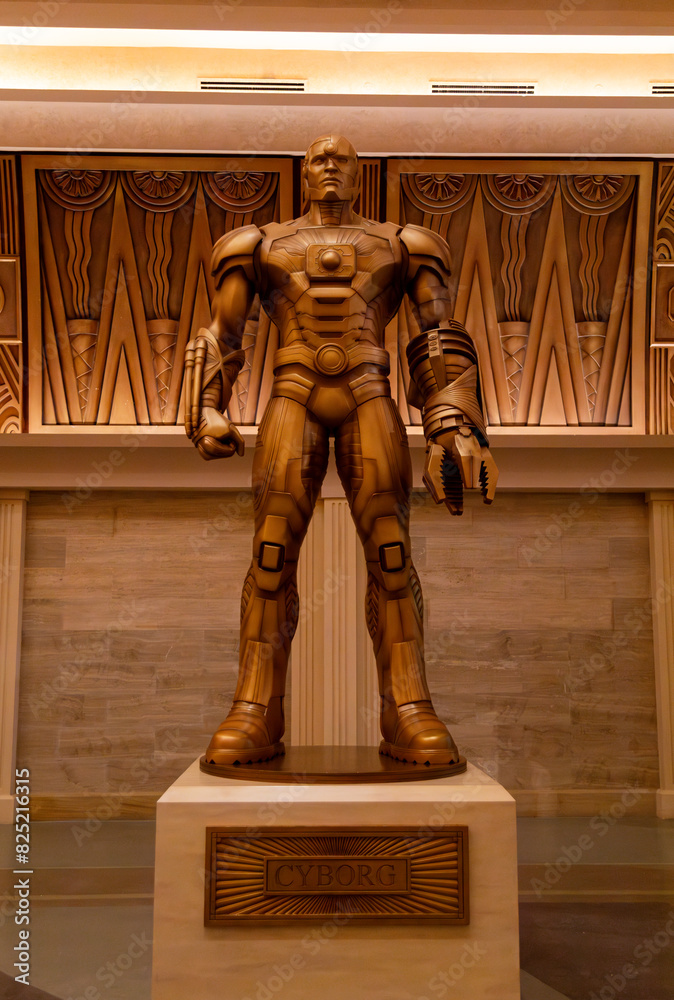 Abu Dhabi, UAE - April 24, 2024: Detailed statue of Cyborg, a fictional ...