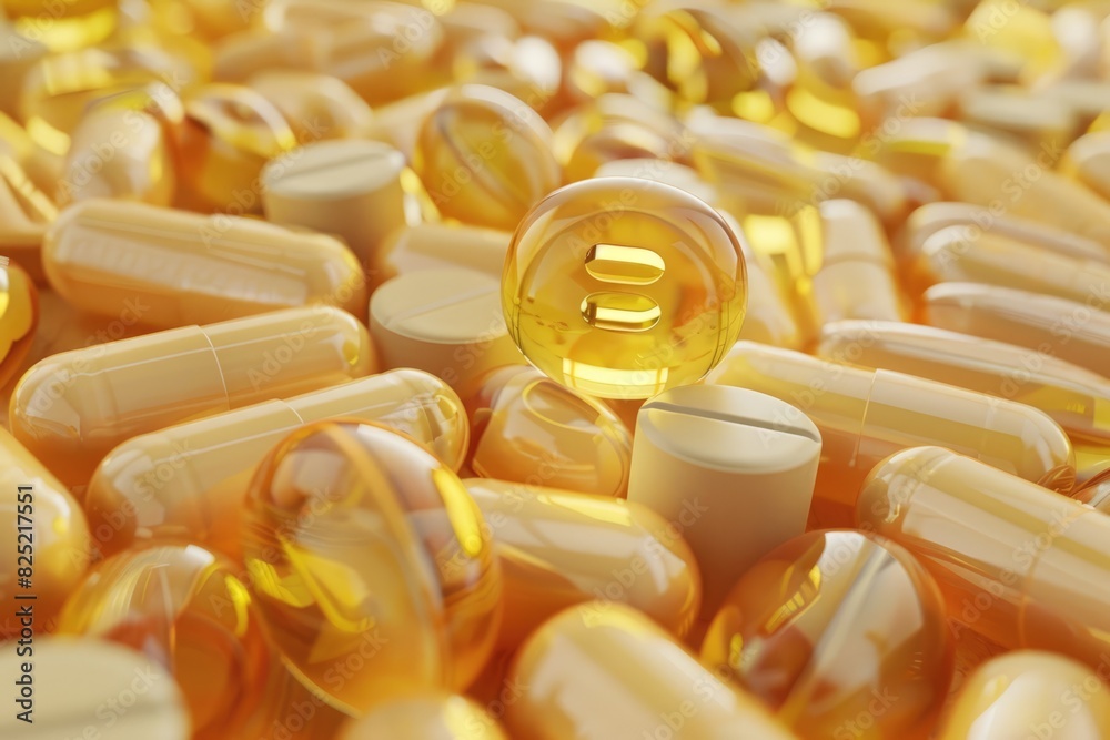 3D rendering of Vitamin B complex capsules close up, focus on ...