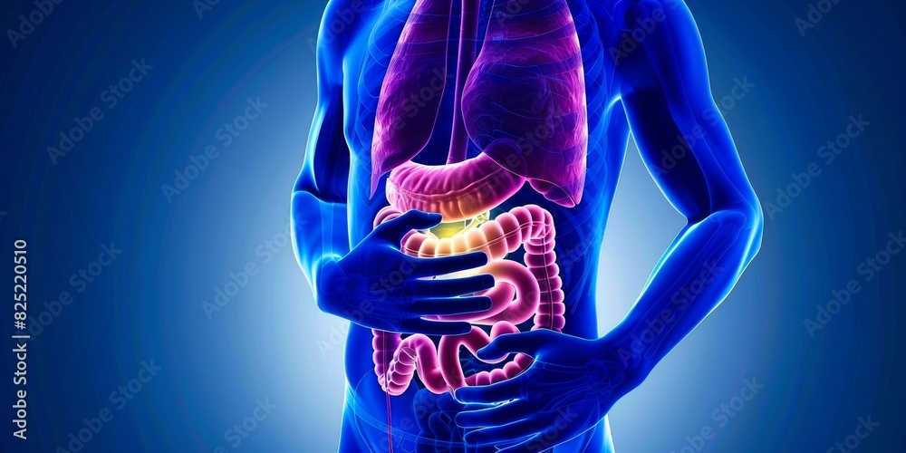 Detailed anatomical illustration of the human digestive system in vivid ...