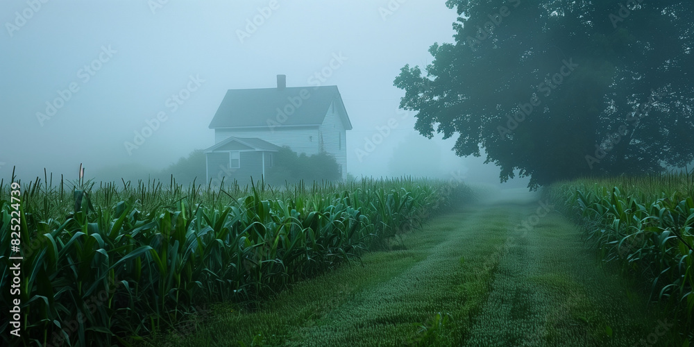 The house in the distance is visible above a foggy cornfield, creating ...