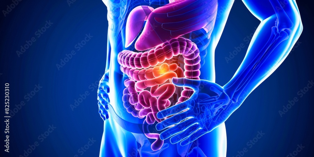 Detailed anatomical illustration of the digestive system in neon colors ...