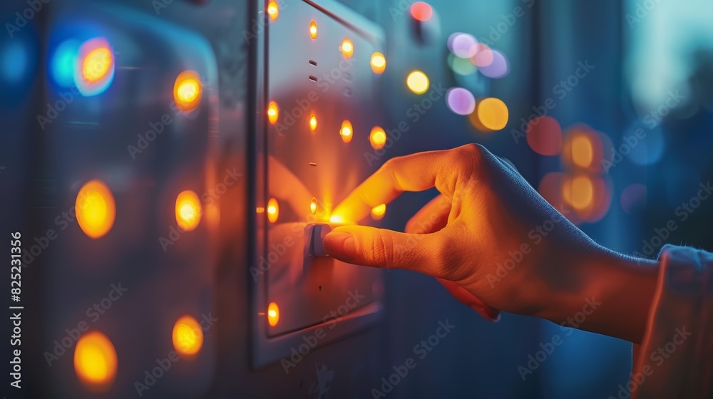 A close-up of a hand turning off a light switch with a "Save Energy ...