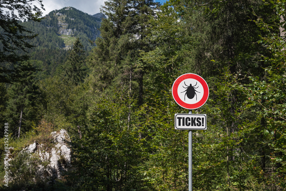 Warning sign for tick infected forest. Danger of lyme and tick borne ...
