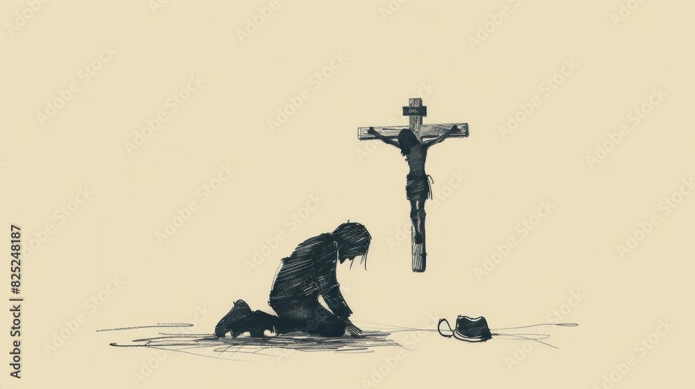 Biblical Illustration of a Person Praying at the Foot of a Cross with ...