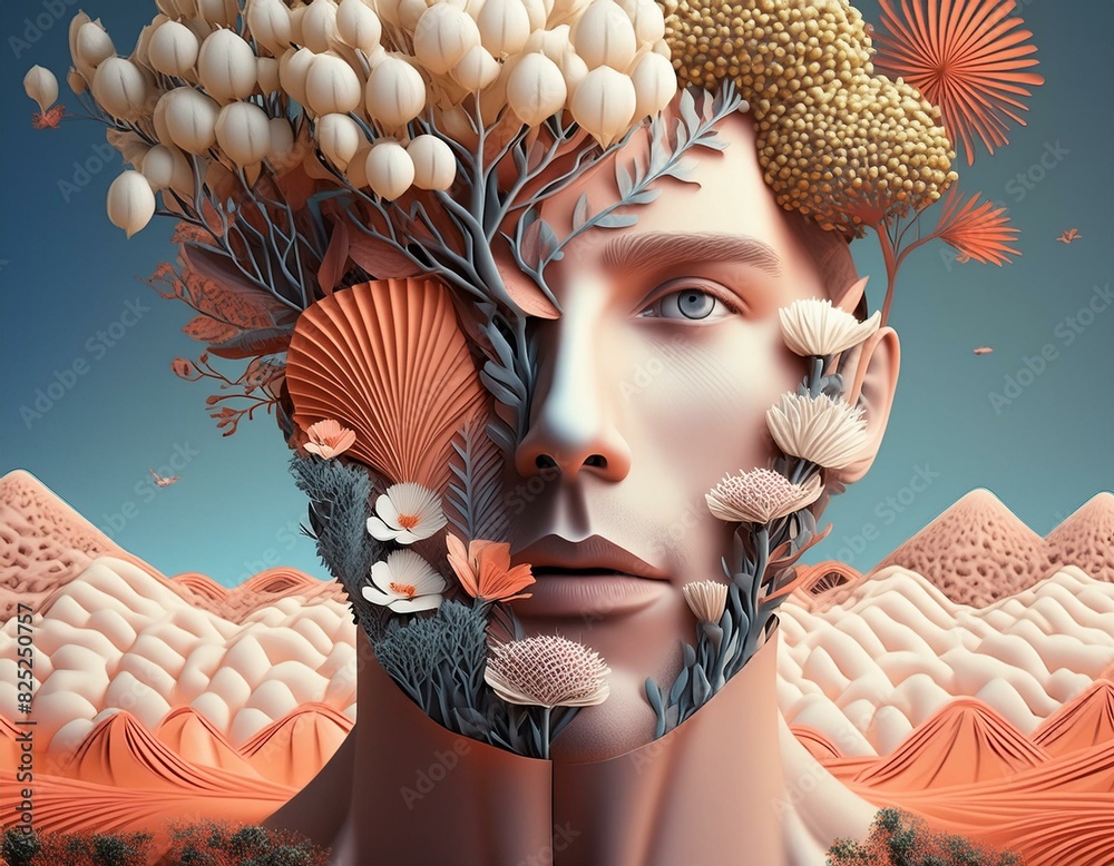 Surreal poster design depicting skin as a dynamic landscape with flora ...