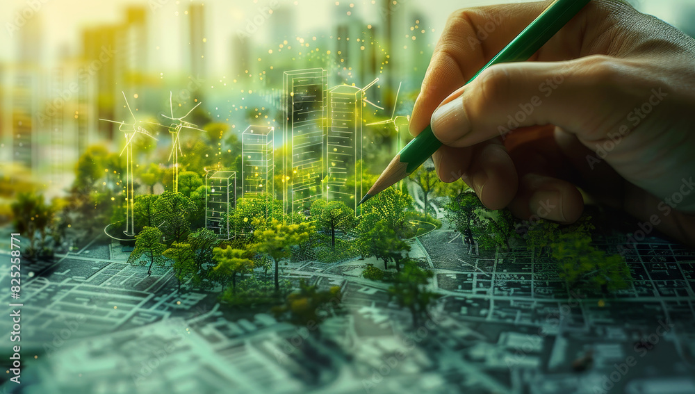 Hand drawing eco-friendly energy chart with green buildings and wind ...