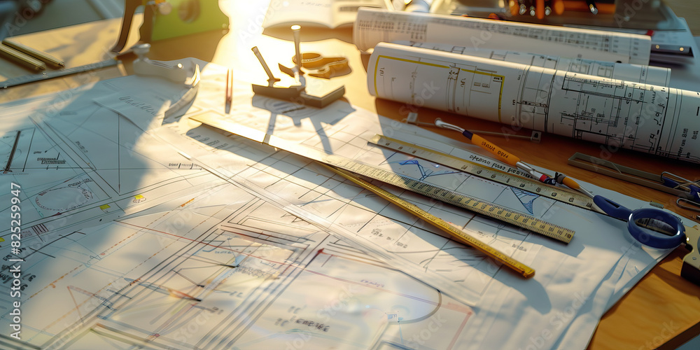 An engineer's blueprints: A drafting table with engineering drawings ...