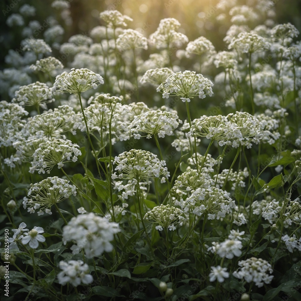 Cluster of white flowers forms dense floral display, illuminated by ...