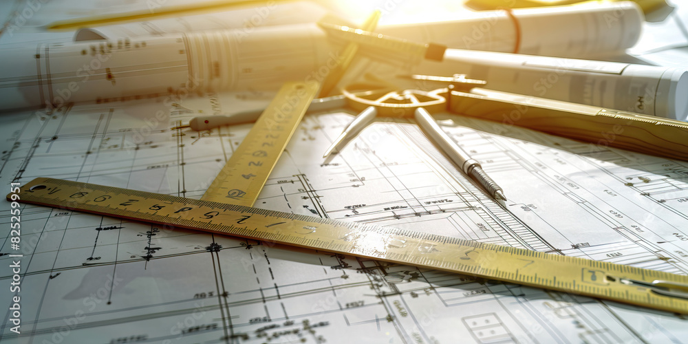 An engineer's blueprints: A drafting table with engineering drawings ...