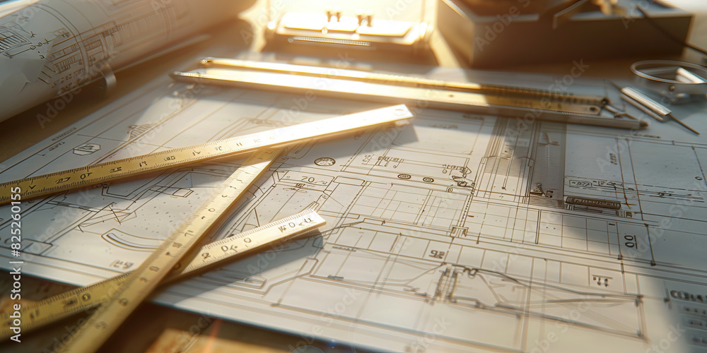 An engineer's blueprints: A drafting table with engineering drawings ...