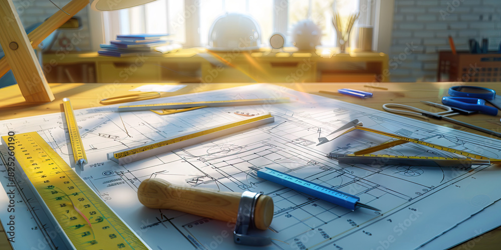 An engineer's blueprints: A drafting table with engineering drawings ...