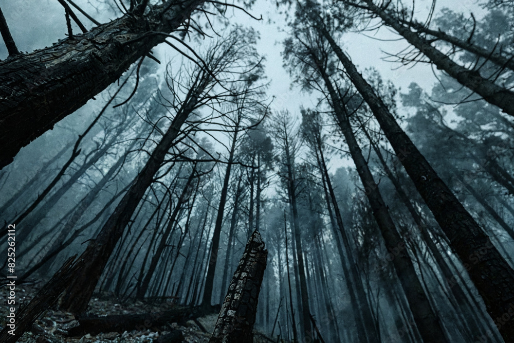 Charred Forest Canopy After Wildfire, burnt trees, environmental ...