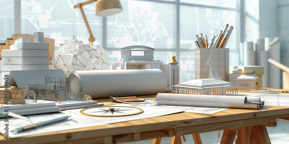 An architect's vision: A modern desk with architectural drawings, model ...