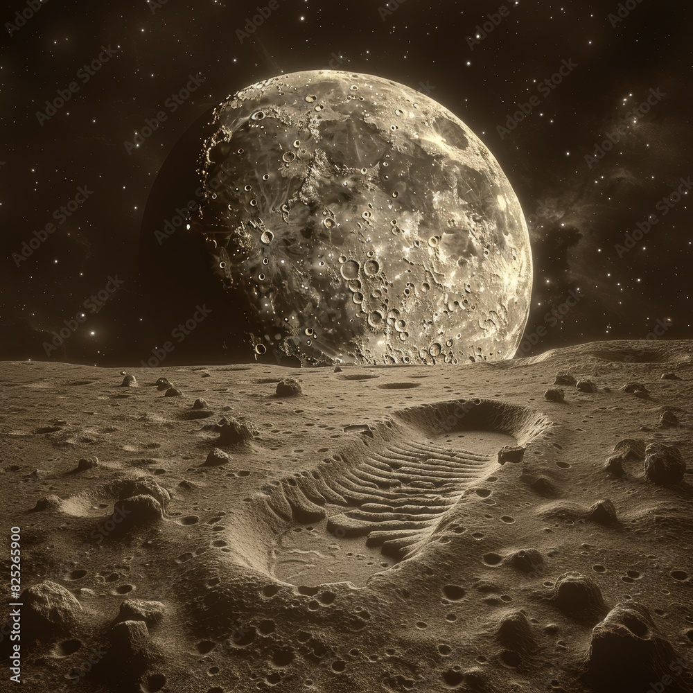 Footprint on the moon, close-up, detailed illustration capturing the ...