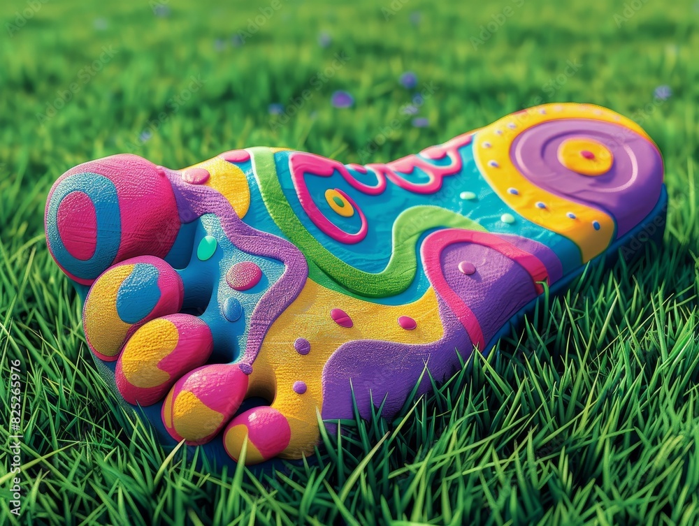 Whimsical cartoon footprint, close-up, placed on a grassy field ...