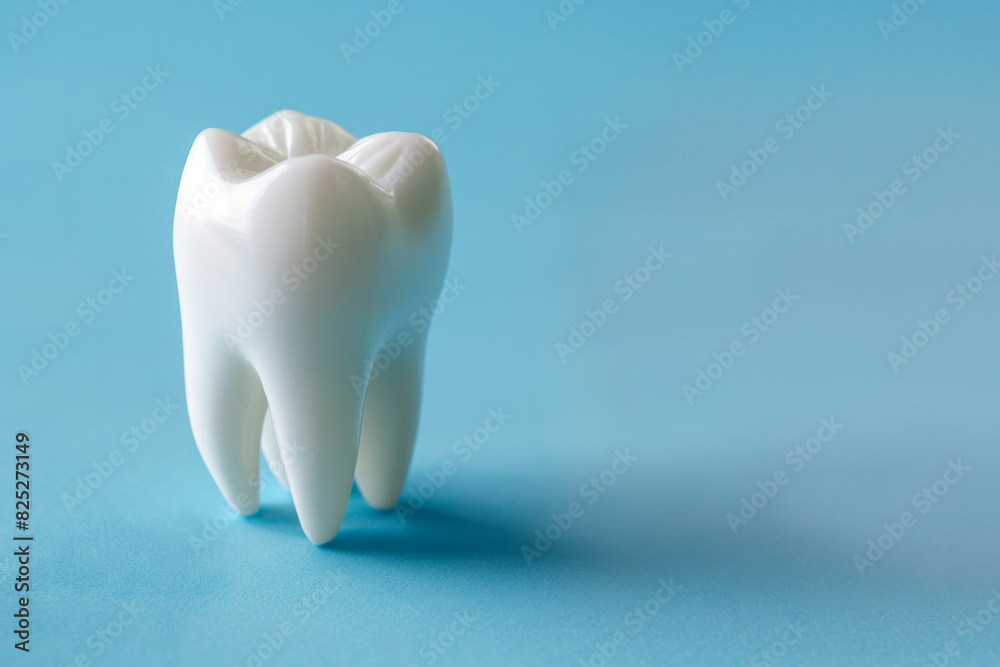 a dental model with a pristine white tooth, set on a blue background ...