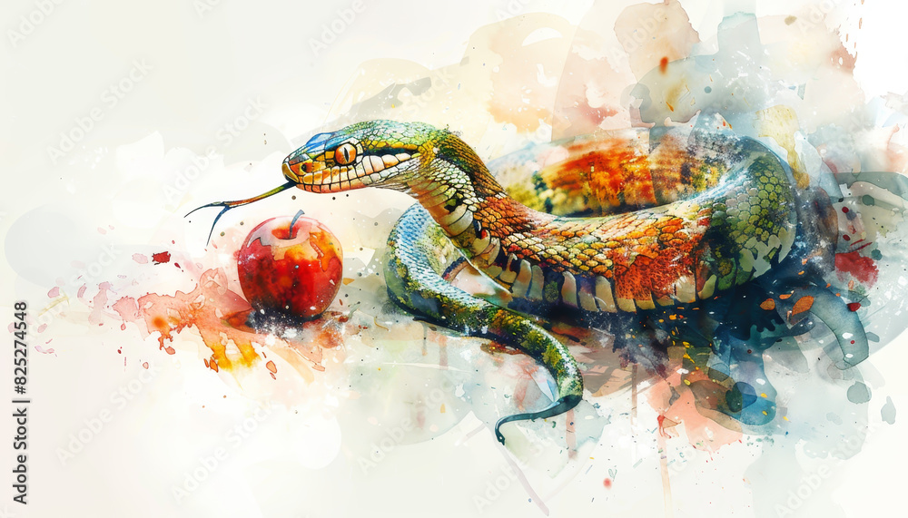 The original sin, the forbidden fruit ,Watercolor painting of a snake ...