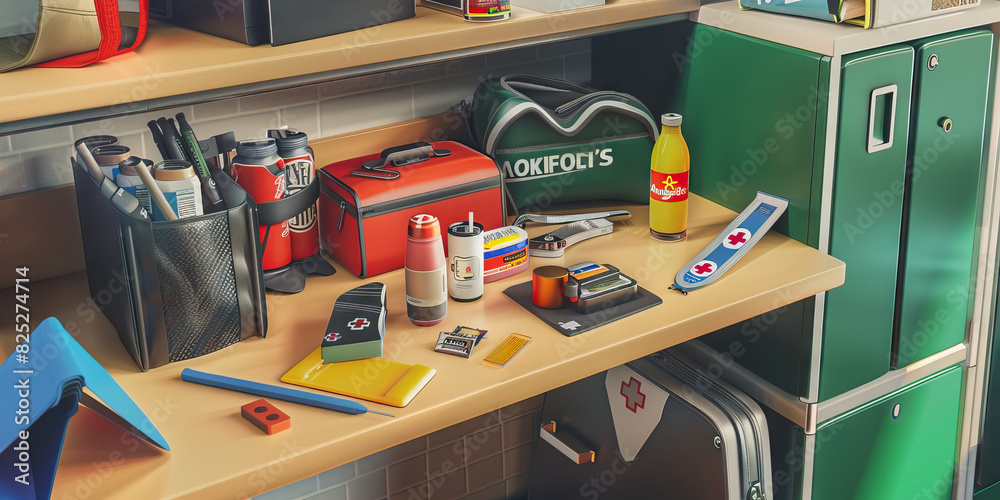 Athlete's Locker Room: A utilitarian desk with sports equipment, a ...