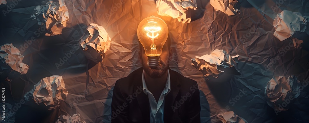 Contemplative Worker Surrounded by Crumpled Papers Illuminated by ...