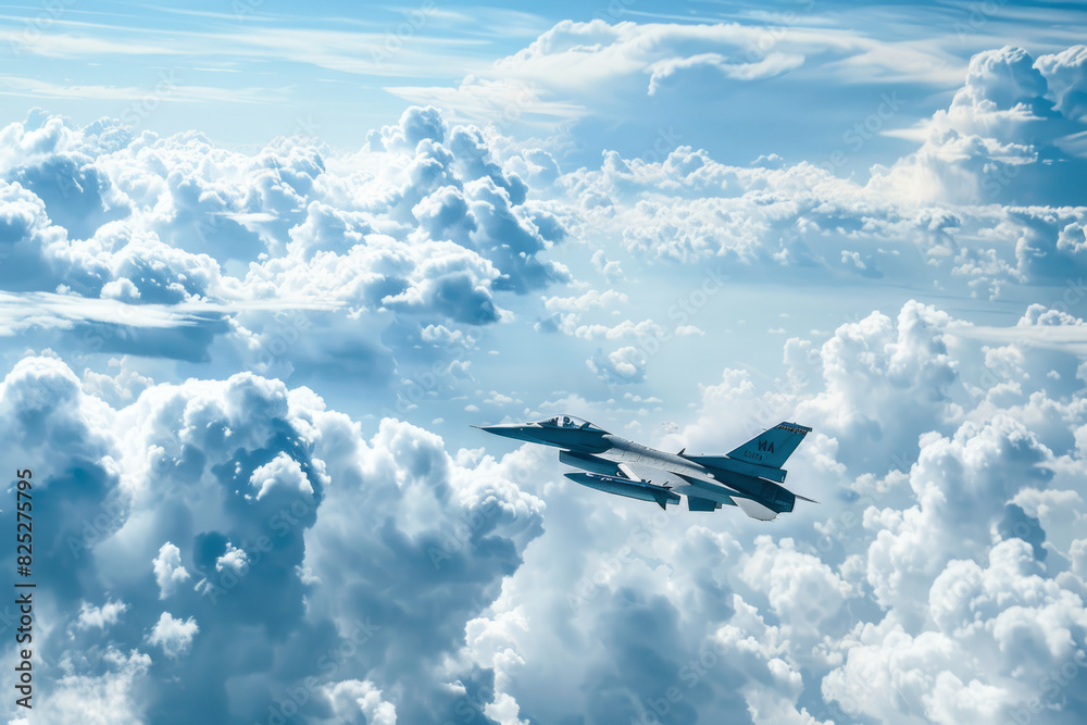 a fighter jet banking sharply against a backdrop of fluffy white clouds ...
