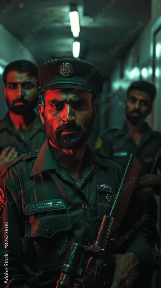 Foto de Pakistani Police officers with pistol , wearing uniforms, dimly ...