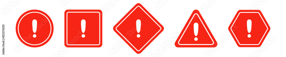 Set of round, square, rhombic, triangular and hexagonal red road signs ...