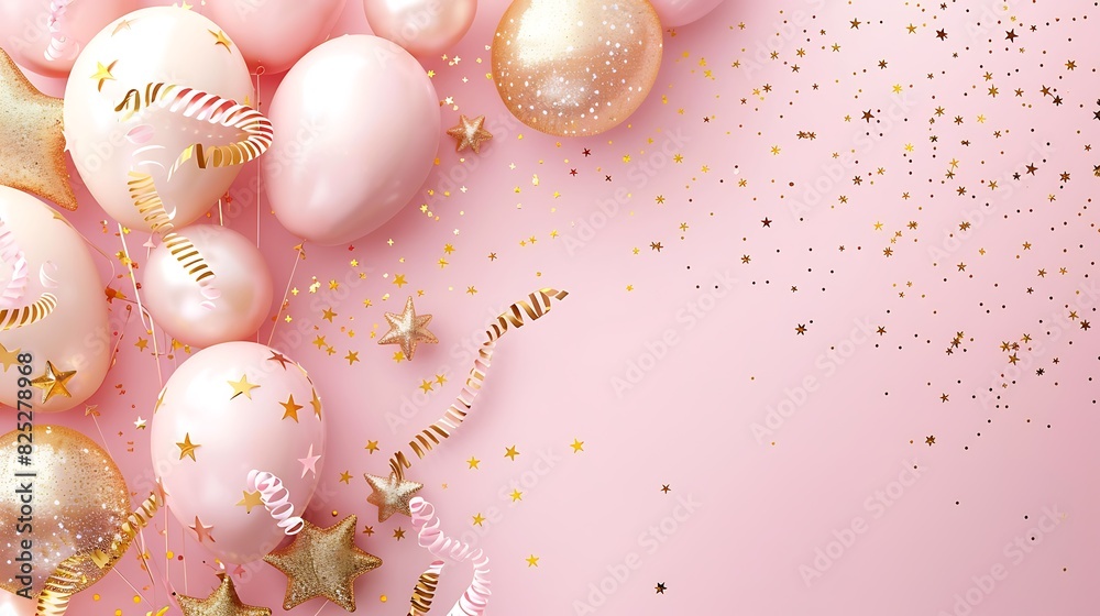 Soft pink birthday background with balloons golden stars crowns and ...