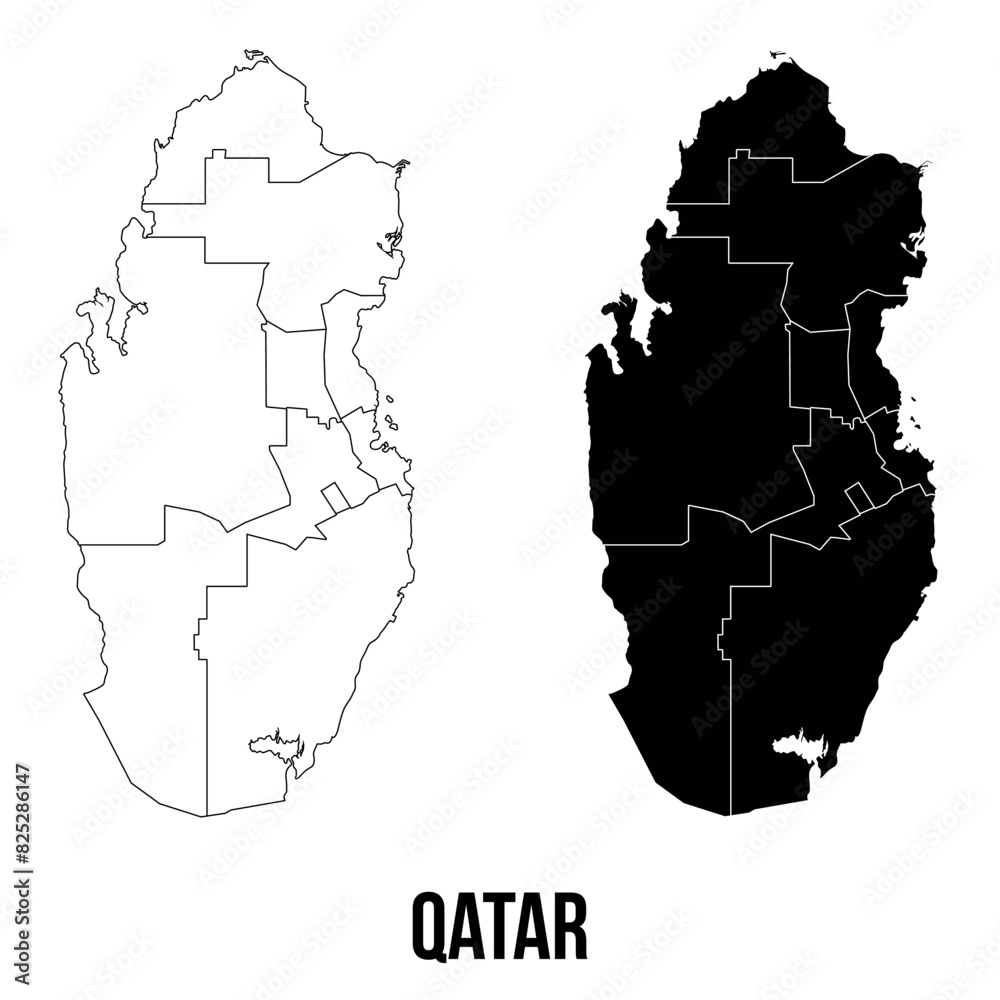 Qatar map of city regions districts vector black on white and outline ...
