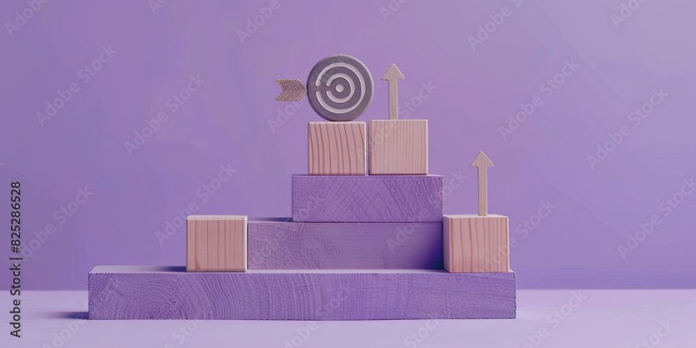 Wooden blocks with arrow signs and a hand holding a target icon on a ...