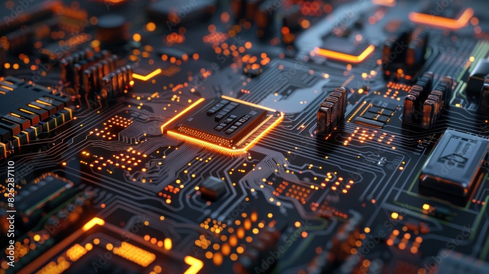A detailed view of a capacitor and microchip on a printed circuit board ...