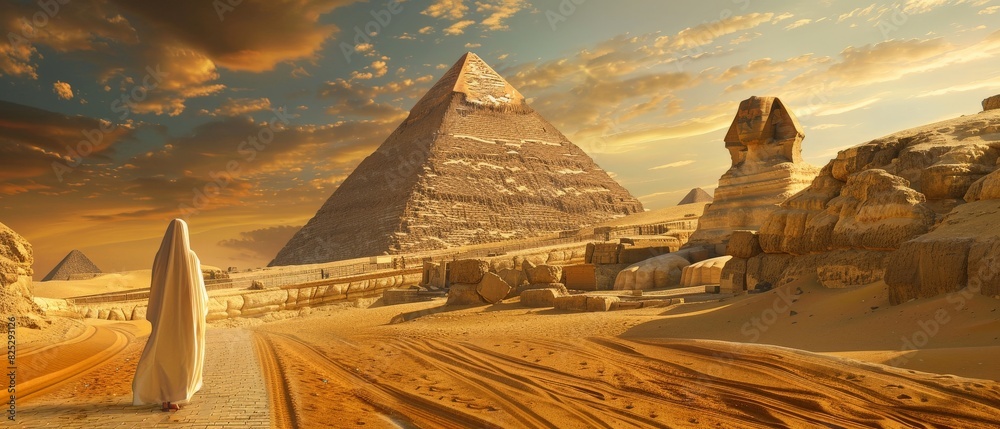 The photo shows the Giza pyramid complex in Egypt. There are three ...