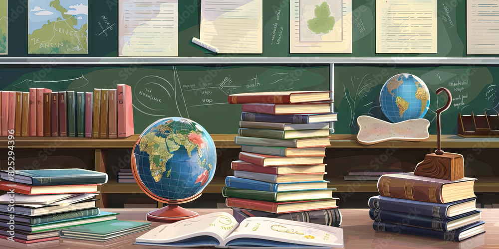 The Teacher's Desk: A tidy workspace with stacks of books, a globe, and ...