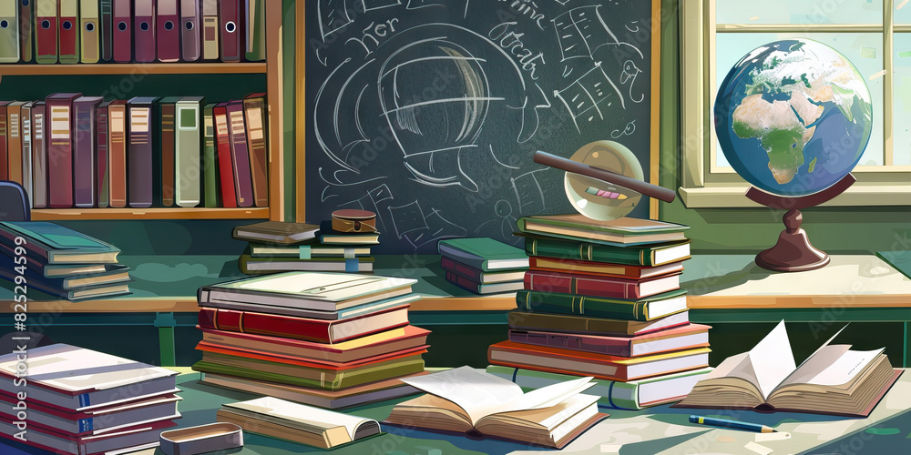 The Teacher's Desk: A tidy workspace with stacks of books, a globe, and ...