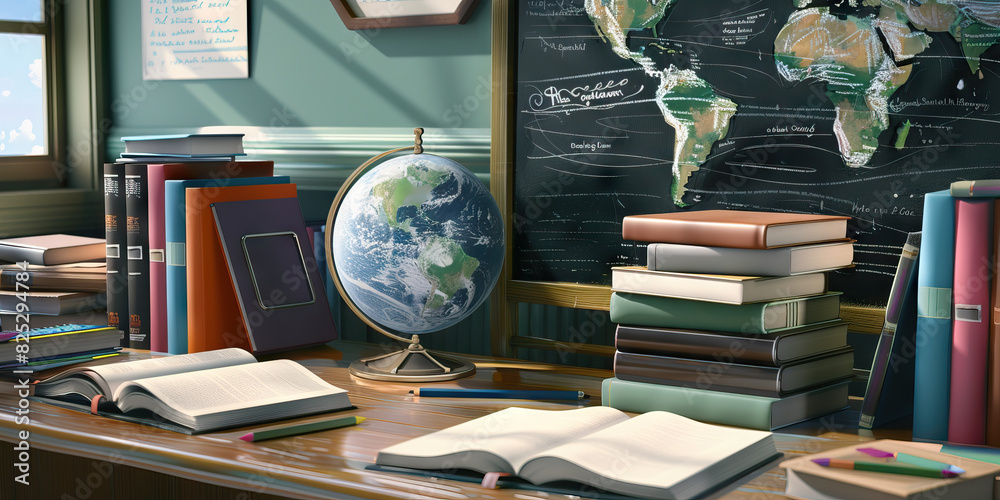 The Teacher's Desk: A tidy workspace with stacks of books, a globe, and ...
