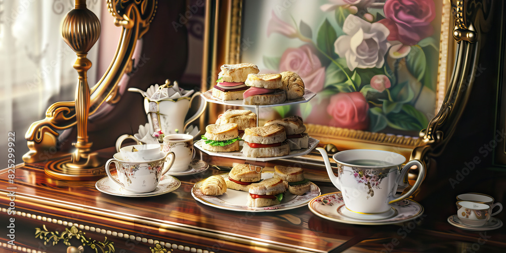 British High Tea Desk: An ornate desk featuring a tiered tray of ...