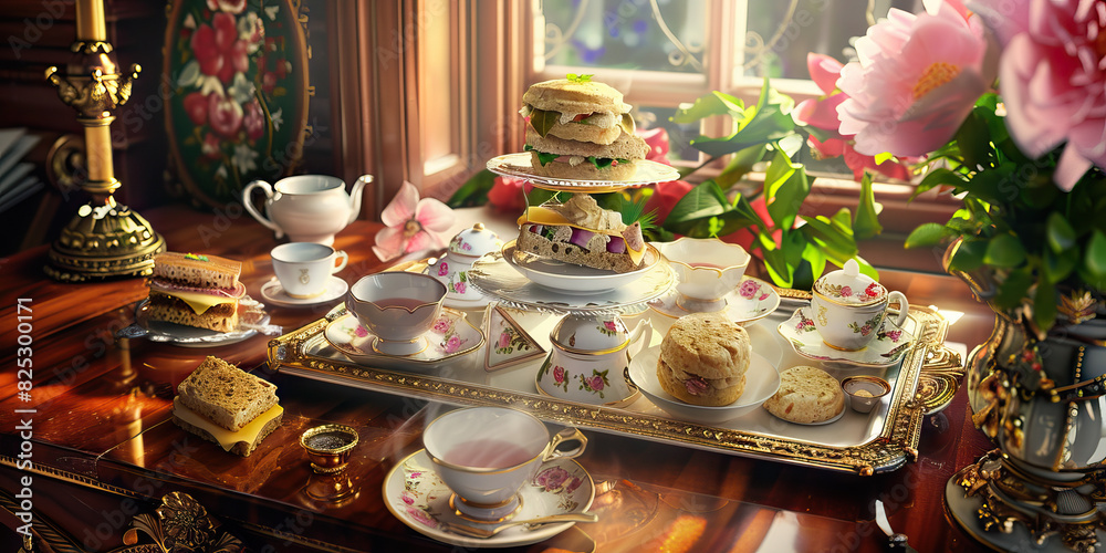 British High Tea Desk: An ornate desk featuring a tiered tray of ...