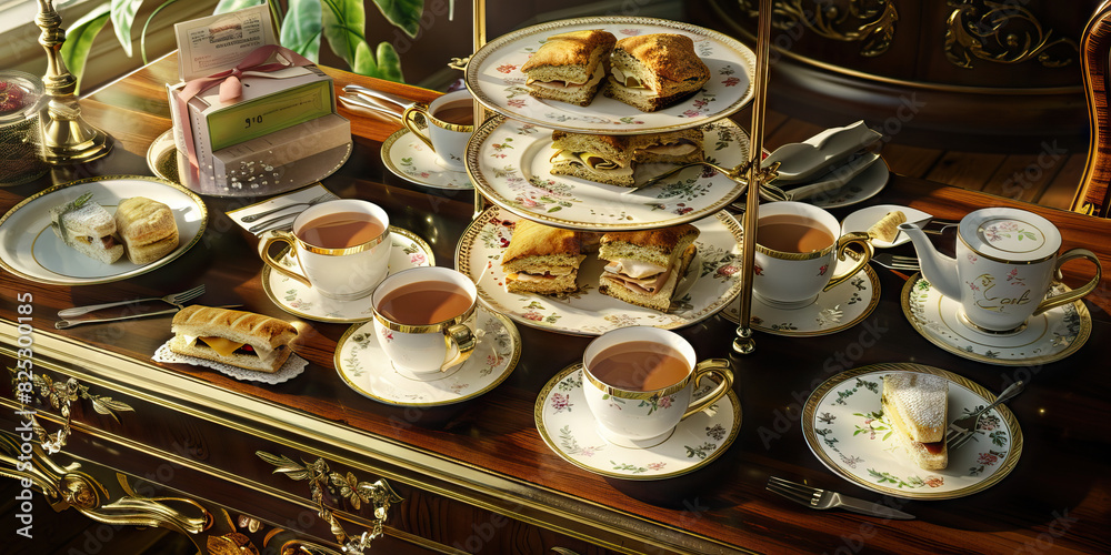 British High Tea Desk: An ornate desk featuring a tiered tray of ...