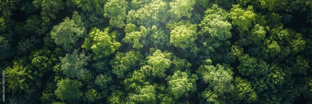 Aerial view of dense forest with abundant trees and green canopy ...