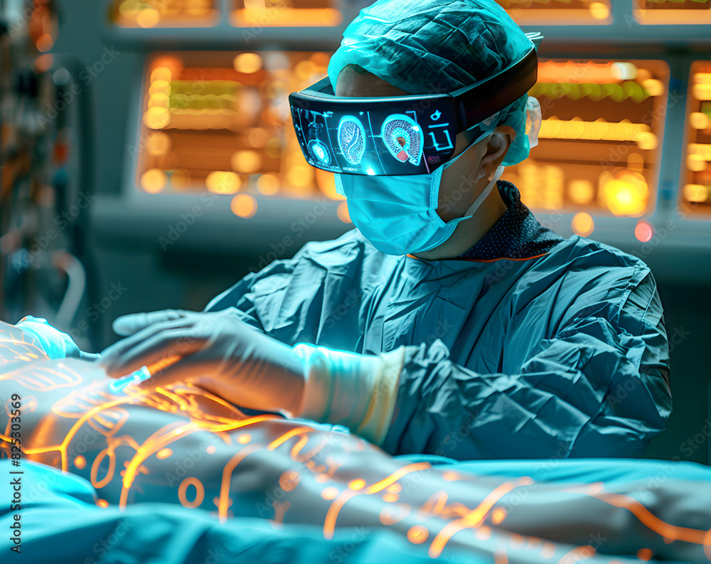 Doctor using AR glasses, performs a complex operation. 3D model of the ...