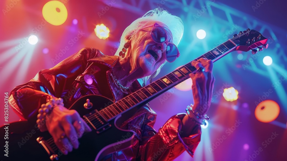 grandma rocking out on electric guitar on stage dynamic senior ...