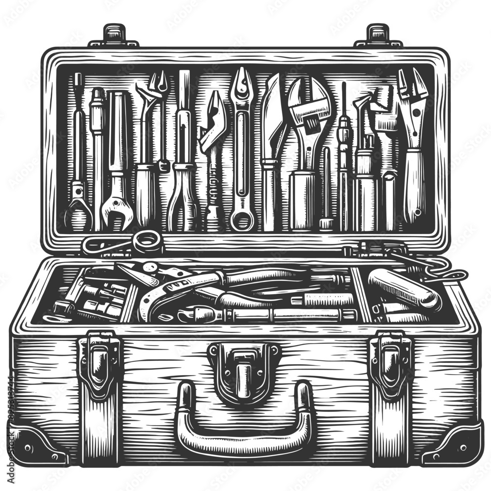 open toolbox, displaying a range of mechanical tools in a striking black and white style sketch ...
