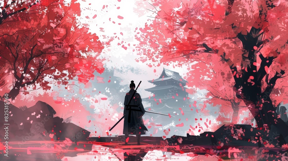 Modern Samurai in Traditional Sakura Laden Garden: A Harmonious Fusion ...