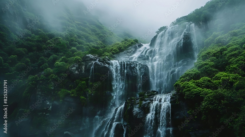breathtaking waterfall panorama with cascading tiers and misty spray ...