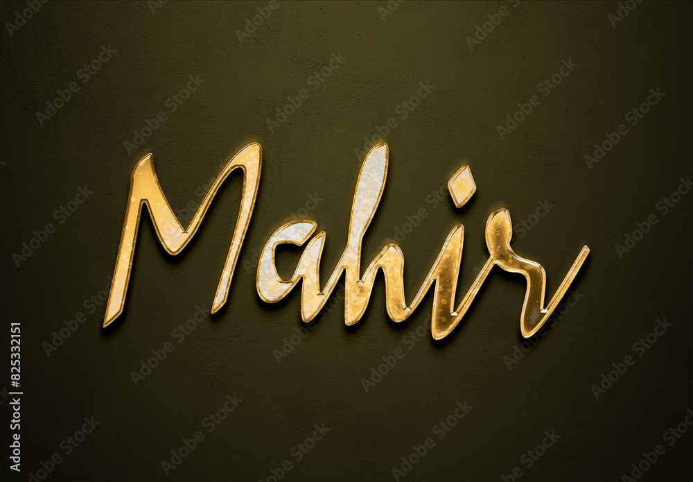 Old gold text effect of Arabic name Mahir with 3D glossy style Mockup ...