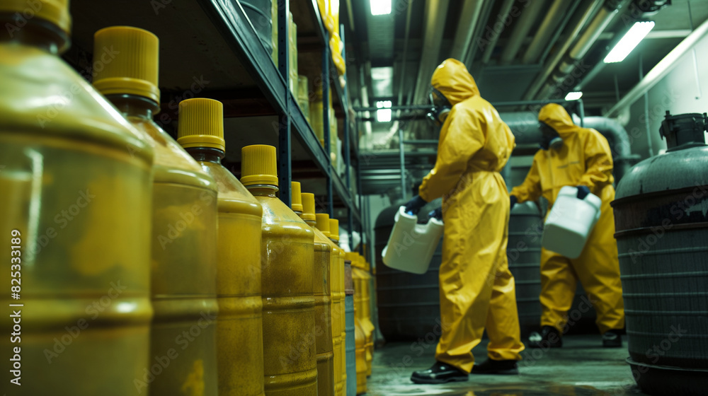 Properly labeled and stored chemicals in a lab environment with workers ...