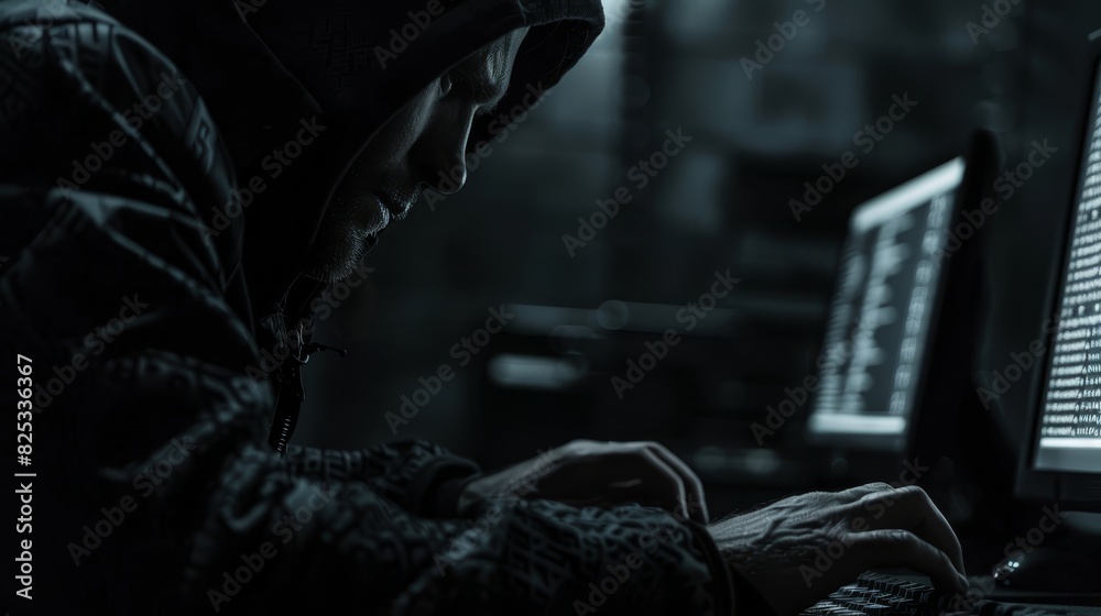 Closeup of a hacker working on a computer, dark environment ...