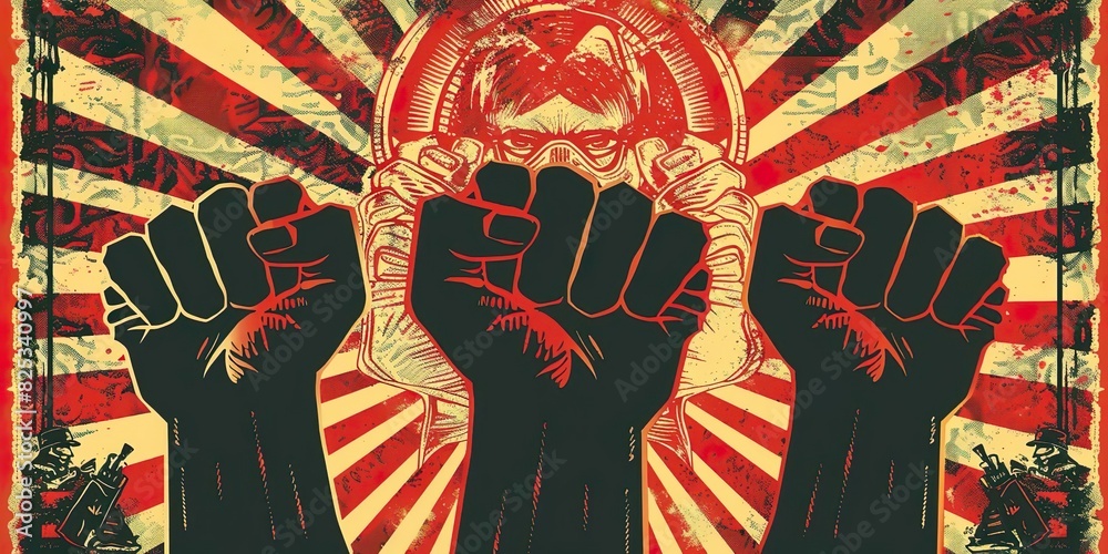 a banner design of hands raised in defiance, symbolizing the spirit of ...