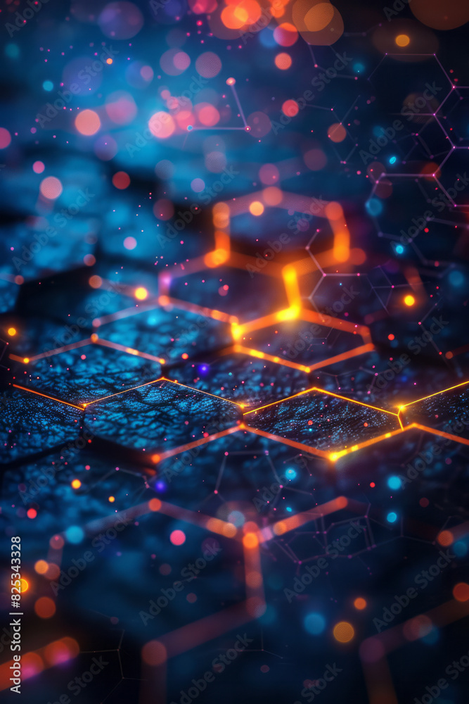 Abstract isometric hexagonal grids with molecular icons, creating a ...