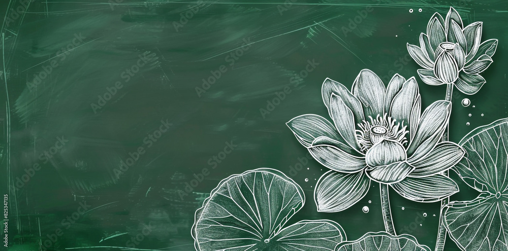 Chalkboard illustration of lotus flower and lily pad, white chalk line ...